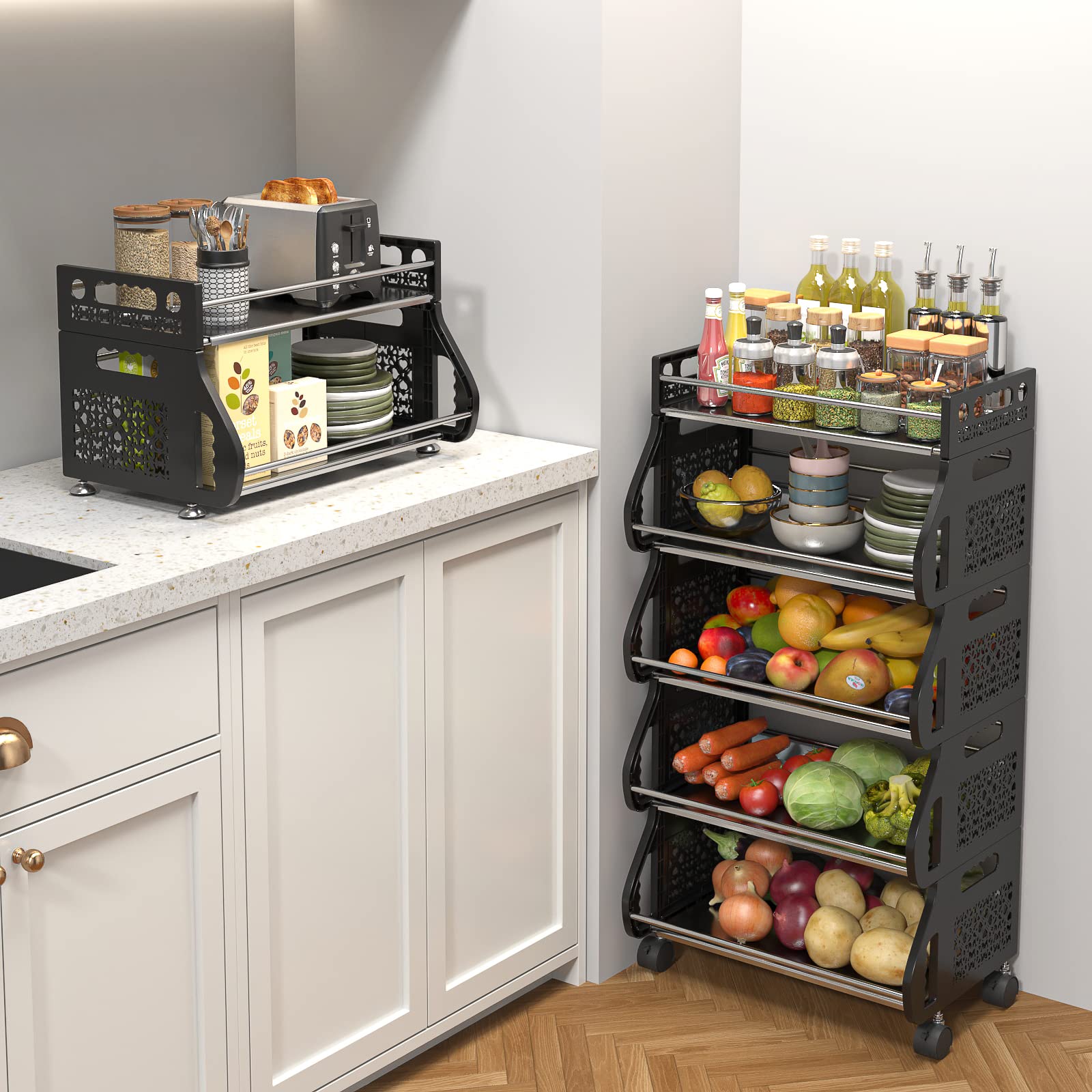Rolling Storage Cart with Wheels, COORACK Kitchen Storage Carts Utility Cart with Handle, Fruit Vegatable Storage Cart Rack Bin for Kitchen Bathroom (5 Tier)