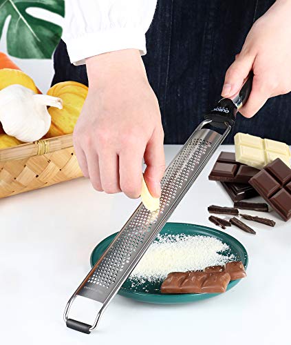 Ourokhome Kitchen Lemon Zester Grater, Stainless Steel Handheld Fine Zester tool for Lemon, Nutmeg, Parmesan Cheese, Chocolate, Ginger, Coconut, Citrus, Orange, Lime with Cleaning Brush (Black)