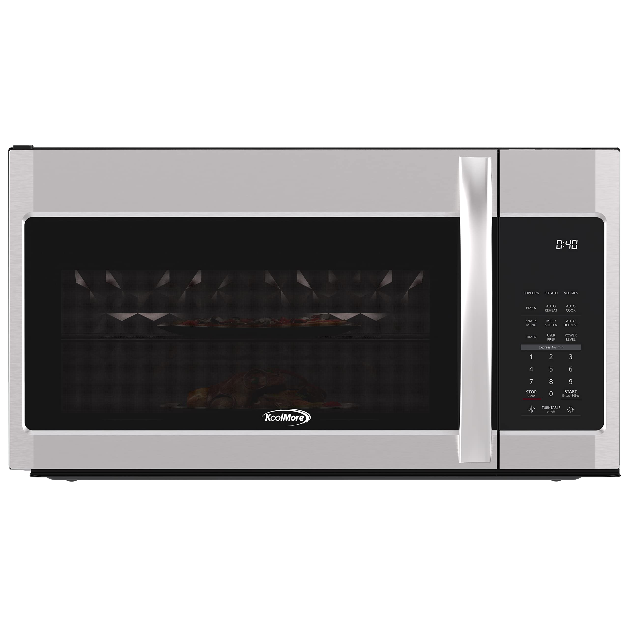 KoolMore KM-MOT-2SS Range Microwave Oven Lamp and 300CFM Recirculation Vent Hood, Auto Cook Menus, Reheat Function, 11 Power Levels, Timer, and Weight Defrost, 30 in/1.9 Cu. Ft, Silver
