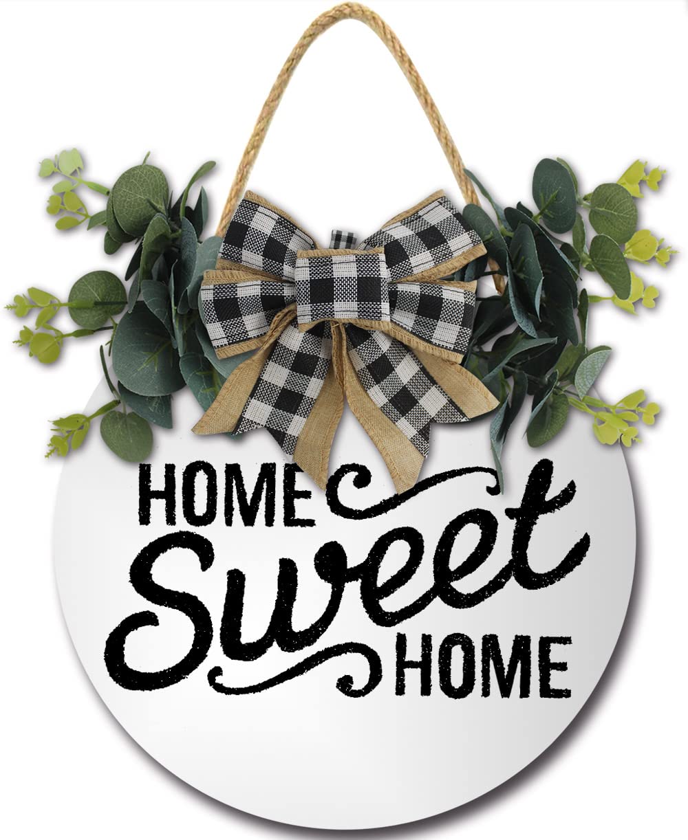Welcome Sign for Front Door, Hello Sign with Greenery Decor Round Wood Hanging Sign Farmhouse Porch Decorations Housewarming Gift for Home Outdoor Indoor
