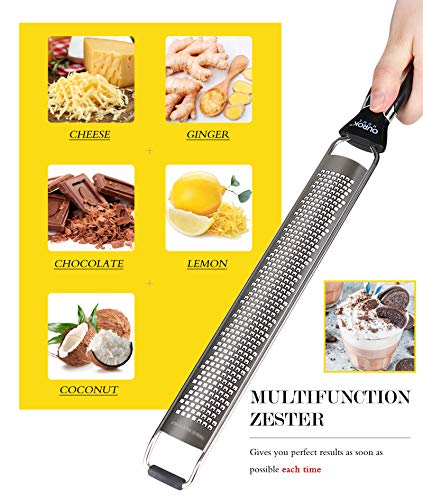 Ourokhome Kitchen Lemon Zester Grater, Stainless Steel Handheld Fine Zester tool for Lemon, Nutmeg, Parmesan Cheese, Chocolate, Ginger, Coconut, Citrus, Orange, Lime with Cleaning Brush (Black)