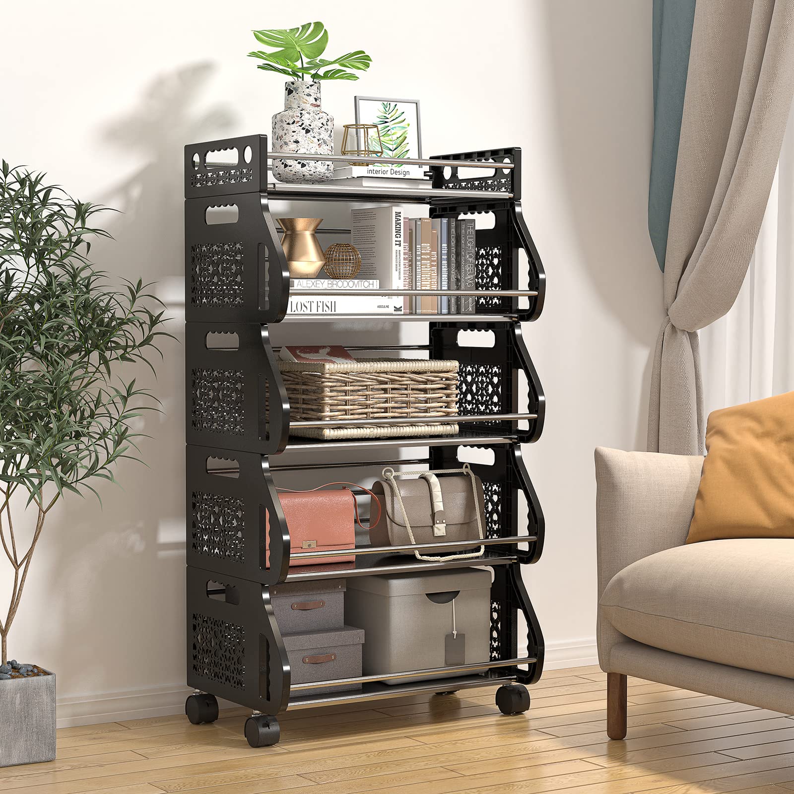 Rolling Storage Cart with Wheels, COORACK Kitchen Storage Carts Utility Cart with Handle, Fruit Vegatable Storage Cart Rack Bin for Kitchen Bathroom (5 Tier)