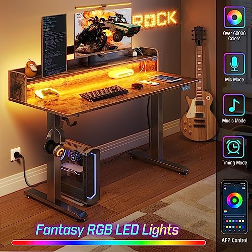 Rolanstar Standing Desk with LED Lights & Charging Station, 47.2" Height Adjustable Desk with Monitor Stand, Electric Gaming Desk with 2 Headphone Hooks, Sit Stand Home Office Desk, Rustic Brown