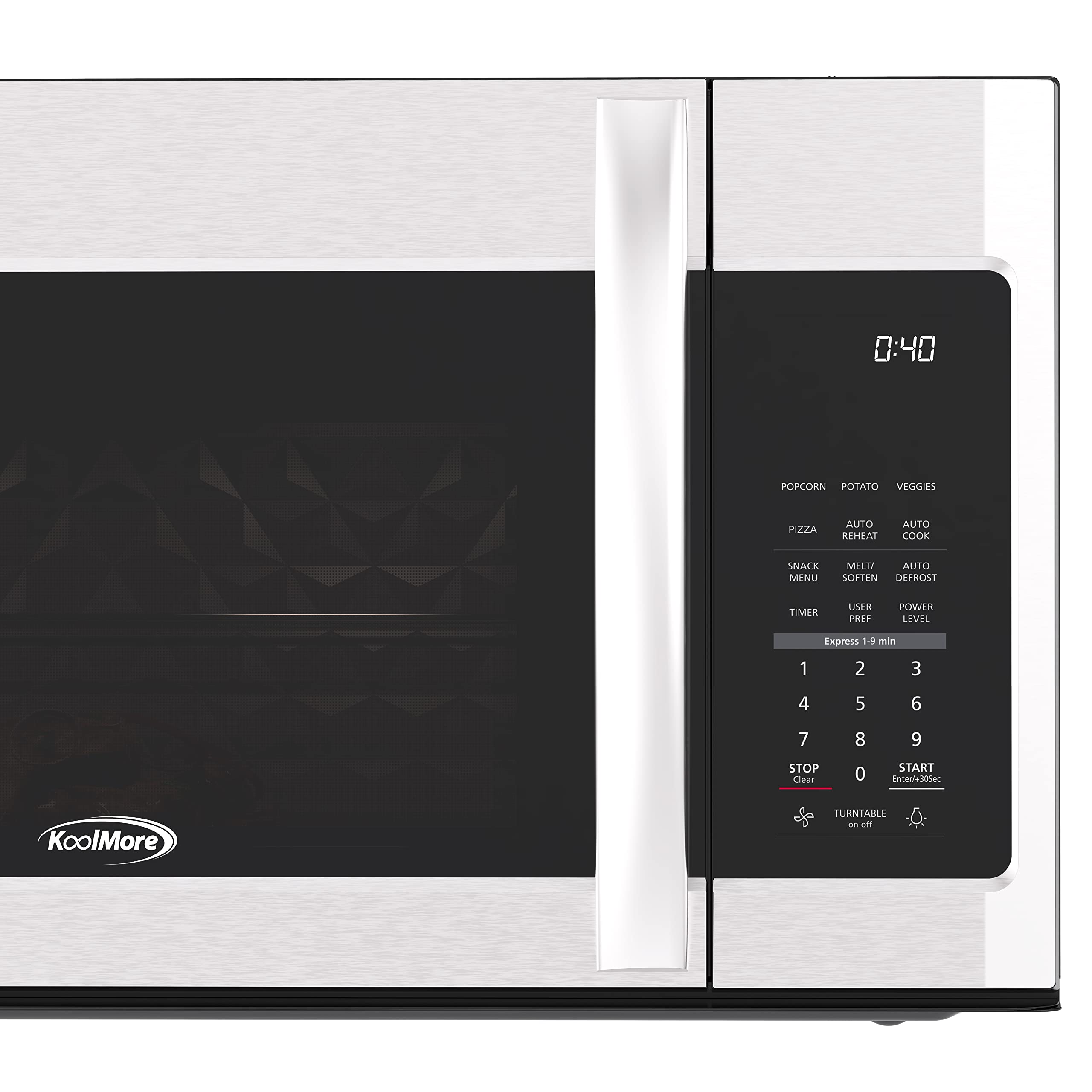 KoolMore KM-MOT-2SS Range Microwave Oven Lamp and 300CFM Recirculation Vent Hood, Auto Cook Menus, Reheat Function, 11 Power Levels, Timer, and Weight Defrost, 30 in/1.9 Cu. Ft, Silver