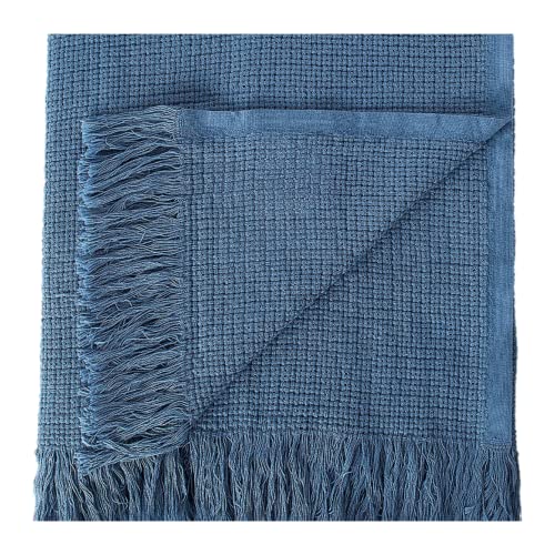 ANVI HOME Cotton Woven Throw Blanket with Fringes, Summer Lightweight Breathable Soft Boho Poncho for Bed, Sofa, Couch, Travel, Chair, Gift, 50x60 Inch, Blue/Navy