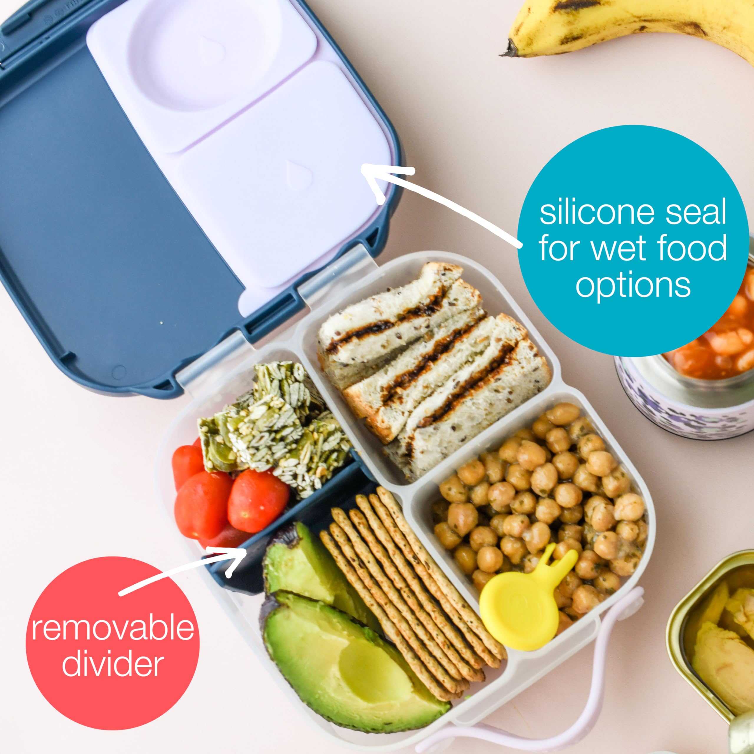 b.box Mini Lunch Box for Kids: Lunch Snack Container with 2 Leak Proof Compartments. Ages 3+ School Supplies, BPA Free (Lilac Pop, 4¼ cup capacity)