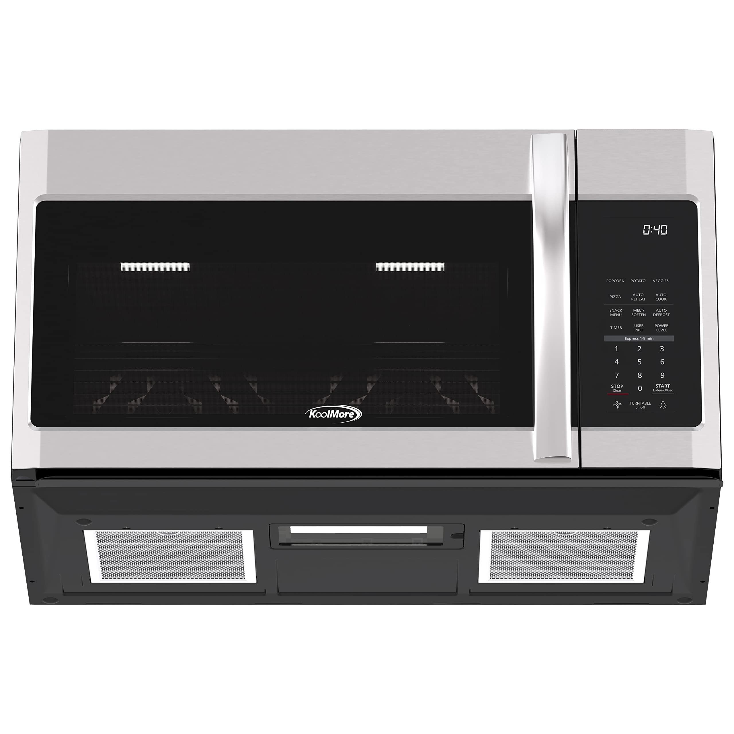 KoolMore KM-MOT-2SS Range Microwave Oven Lamp and 300CFM Recirculation Vent Hood, Auto Cook Menus, Reheat Function, 11 Power Levels, Timer, and Weight Defrost, 30 in/1.9 Cu. Ft, Silver