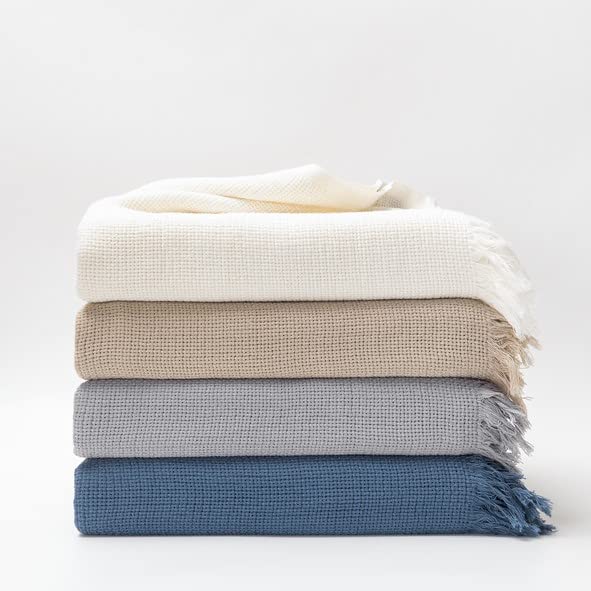 ANVI HOME Cotton Woven Throw Blanket with Fringes, Summer Lightweight Breathable Soft Boho Poncho for Bed, Sofa, Couch, Travel, Chair, Gift, 50x60 Inch, Blue/Navy