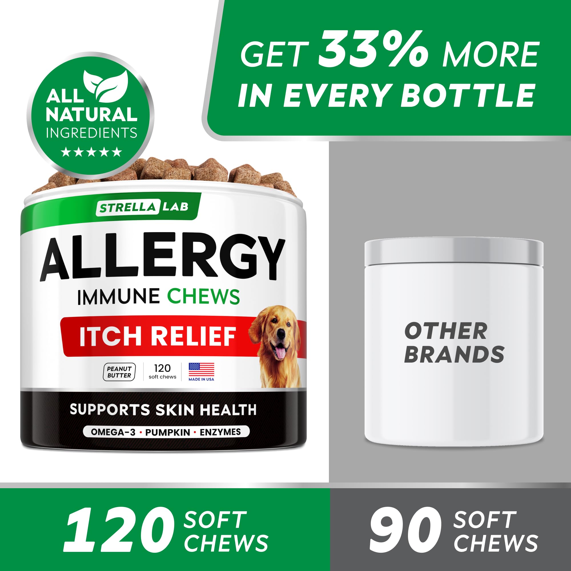 StrellaLab Dog Allergy Relief & Anti Itch Support Chews w/Omega 3: Real Ingredients, Real Taste! Skin & Coat Immune Supplement w/Fish Oil, Pumpkin & Enzymes — Developed by Experts - Made in USA -120Ct