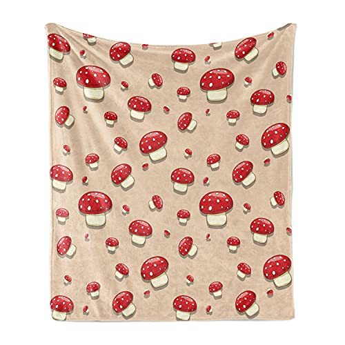 Ambesonne Mushroom Throw Blanket, Woodland Themed Illustration of Spotted Toadstool Summer Season Forest Cartoon, Flannel Fleece Accent Piece Soft Couch Cover for Adults, 50" x 60", Ivory Red Tan