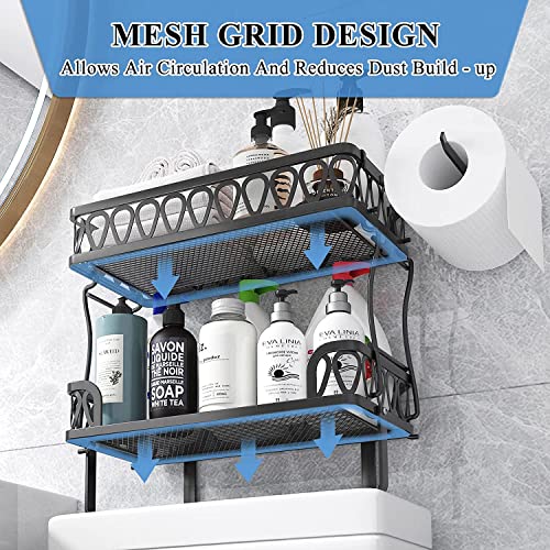ZONEEAKO 2-Tier Toilet Storage Rack with Toilet Paper Holder and Mesh Design - Black, Durable Carbon Steel Material, Space-Saving, Easy to Assemble and Clean, Ideal for Bathroom Use (Black)