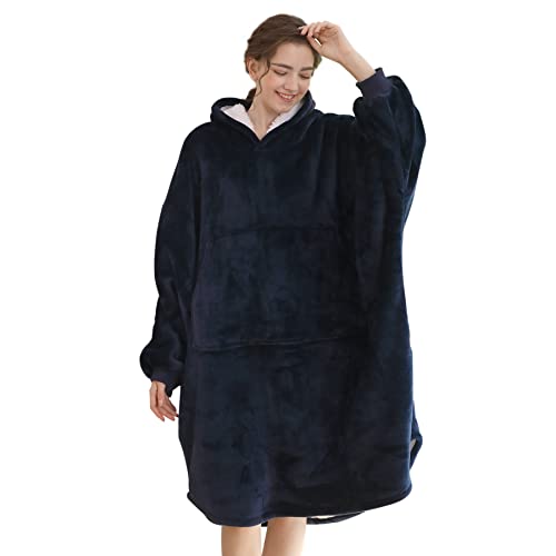 Wearable Blanket Hoodie for Men & Women, Oversized Hoodie Blanket Adult, Sherpa Fleece & Flannel Blanket with Sleeves and Giant Pocket, Machine Washable, Convenient for Home and Outdoors, Navy Blue