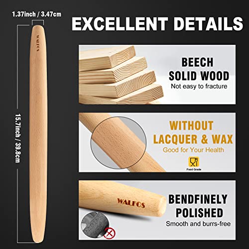 WALFOS French Rolling Pin Dough Roller for Baking Pizza Dough, Pie and Cookie Beech Wood Rolling Pin(15.7 Inch)