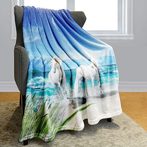 OHTMTHO 40"x50" Blanket Super Soft Warm Lightweight Fleece Throw for Couch Sofa Bed - Seaside White Horses