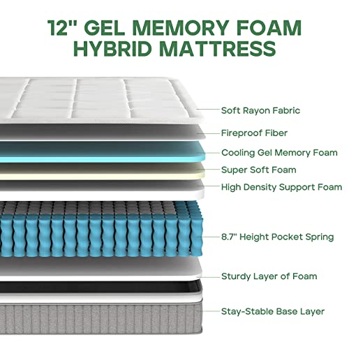 Mattress Queen Size,12 Inch Hybrid Mattress Memory Foam Mattress with Pocket Spring, Breathable Medium Firm Gel Mattress in a Box, Cooling Supportive CertiPUR-US Certified by DIGLANT