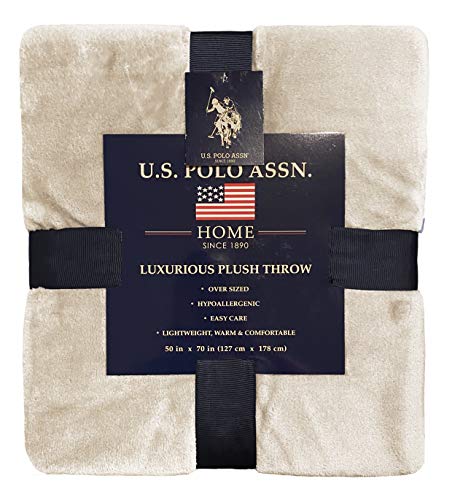 U.S. Polo Assn. Super Soft Oversized Bed & Couch Throw Blanket, Fuzzy Warm Lightweight Flannel Throws, All Season Plush Fleece Comfort, 50x70in, Beige