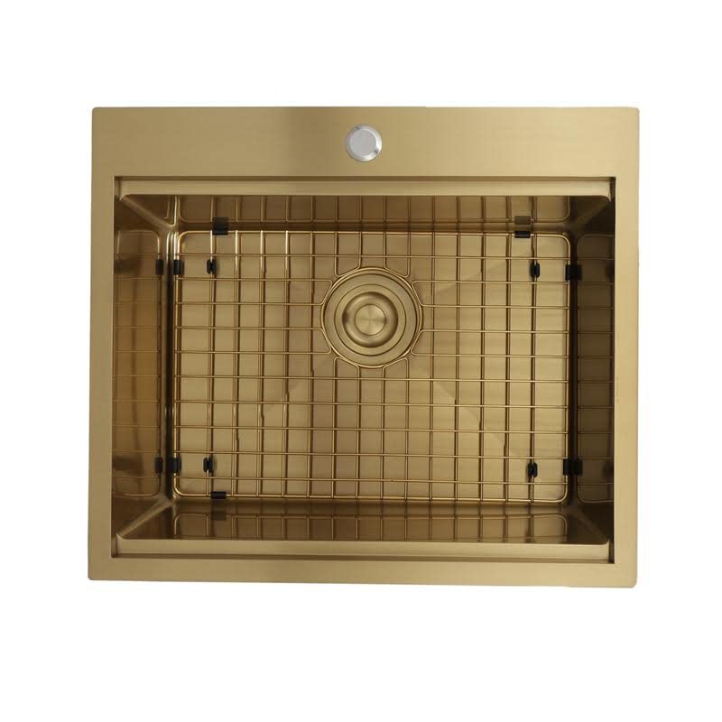 STARSTAR Workstation Ledge Topmount/Drop-in Single Bowl Satin Matte Stainless Steel Kitchen/Yard/Bar/Laundry/Office Sink, With Grid, Colander, Cutting Board, Strainer (23x20x9 Gold)