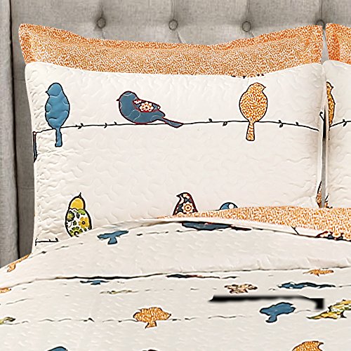 Lush Decor Rowley Birds Quilt Reversible 7 Piece Bedding Set with Floral Animal Bird Print and Decorative Pillows, King, Multi