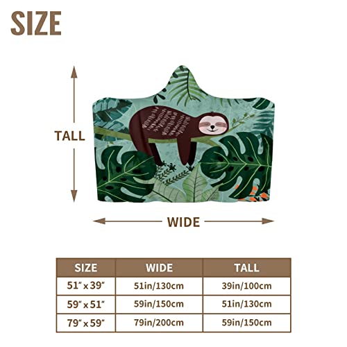 Hooded Blanket Sloth Sleep Tropical Jungle Wearable Blanket Hood Poncho Hooded Blanket Throw Plush Blanket Novelty Blanket for Bed Home Sofa 39x51 Inch