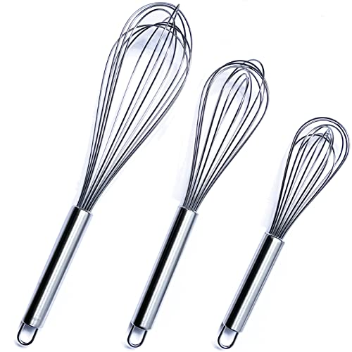 Whisks for Cooking, 3 Pack Stainless Steel Whisk for Blending, Whisking, Beating and Stirring, UPDATE Version Balloon Wire Whisk Set, 8''+10''+12''