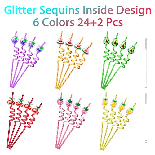 24 Glitter Fruit Party Supplies Drinking Straws Peach Grape Pineapple Cherry Watermelon Avocado Shape Design for Tutti Frutti Birthday Tropical Party Favors with 2 Straws Cleaning Brush