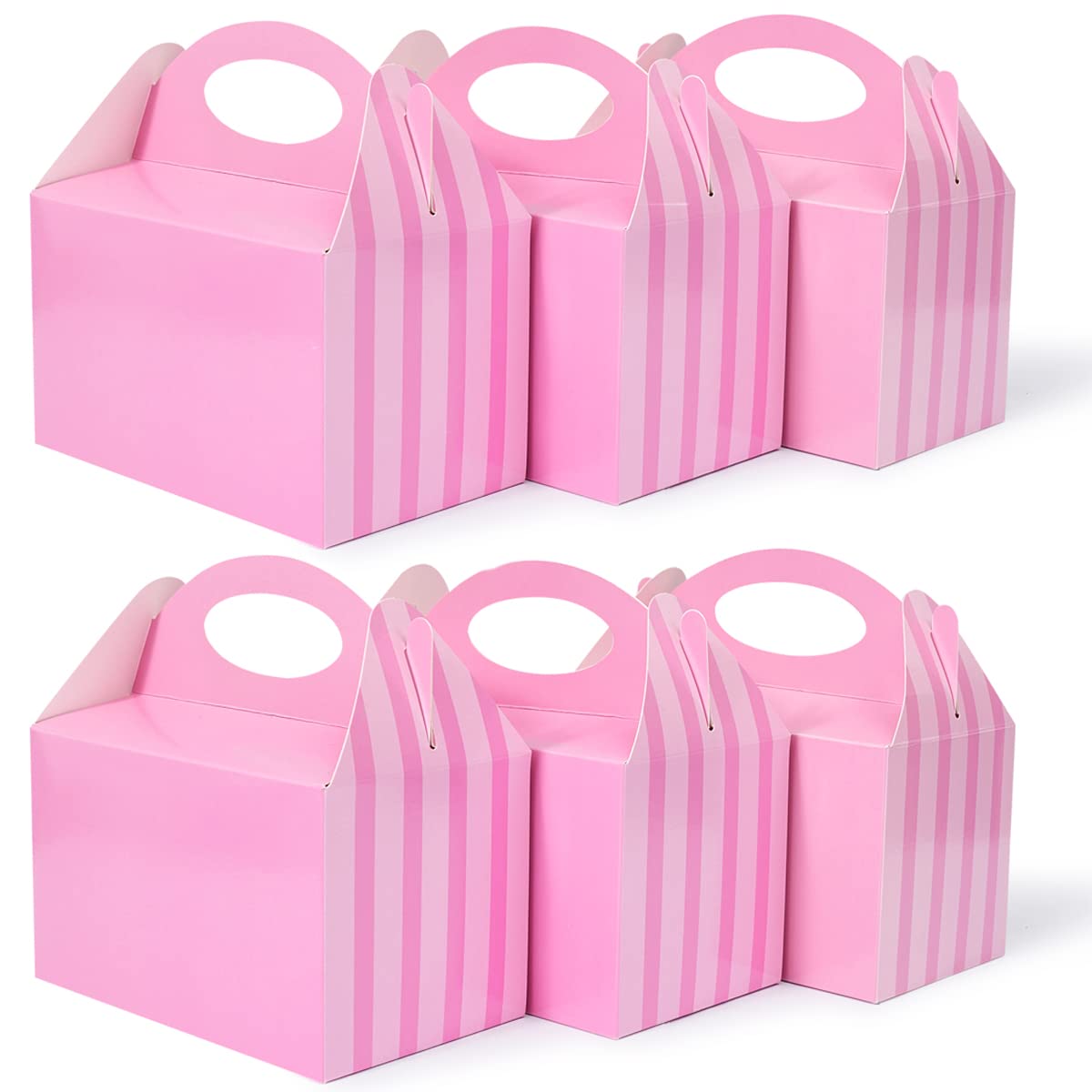 P6PK12 Happyhiram Party Favor Boxes Pink Striped 12 Pcs for Girls, Treat Boxes with Handles 6" Gable Boxes Candy Boxes Party Favor Paper Gift Boxes for Kids Birthday Candy Baby Shower Bridal Shower