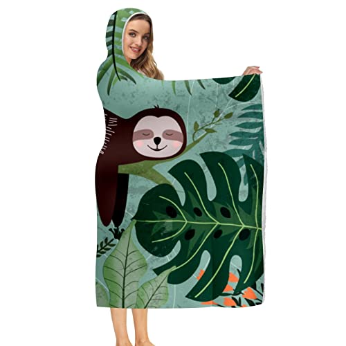 Hooded Blanket Sloth Sleep Tropical Jungle Wearable Blanket Hood Poncho Hooded Blanket Throw Plush Blanket Novelty Blanket for Bed Home Sofa 39x51 Inch