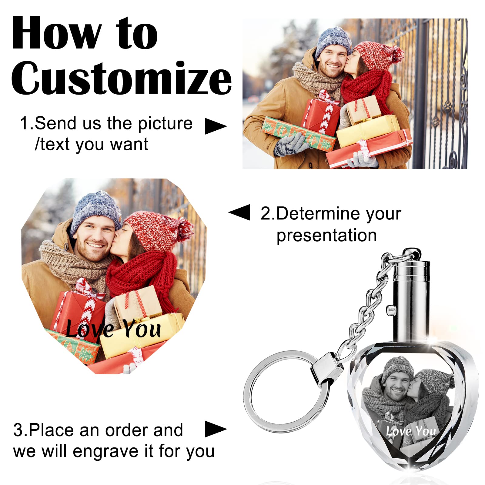 Hapetrel Custom Photo Crystal Keychain 3D Personalized Crystal Kay Chain Picture Engraved Keychain Crystal Lighted Customized gift