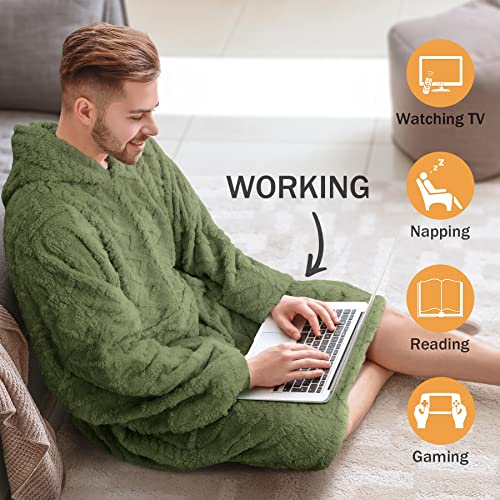MIZZEO Oversized Wearable Blanket One Size Fits All, Super Warm and Cozy Flannel Hoodie Blanket for Women Men (Green)