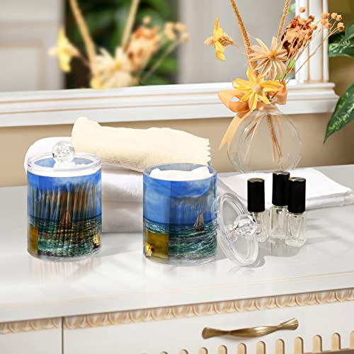 KEEPREAL Lighthouse Landscape Oil Paintings Qtip Holder Dispenser with Lids, 4PCS Plastic Food Storage Canisters, Apothecary Jar Containers for Vanity Organizer Storage