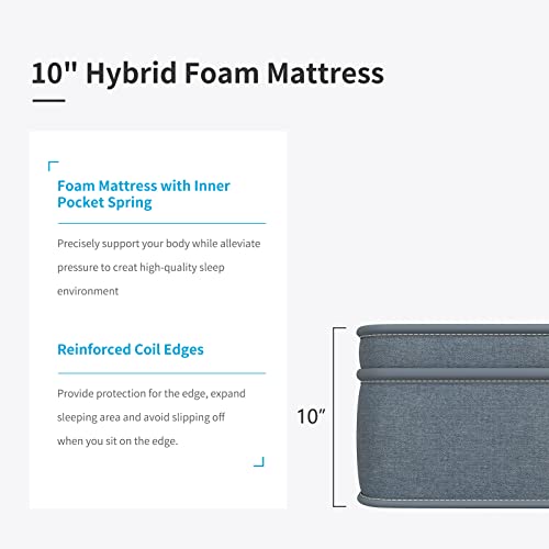 Hommoo 10 Inch Foam and Individually Pocket Innerspring Hybrid Mattress Breathable Medium Firm Mattress with Knitted Fabric Cover Soft Bed Mattress in a Box King