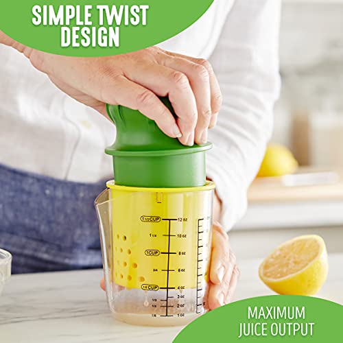 GreenLife Cooking Tools and Utensils, Lemon and Lime Juicer Citrus Squeezer with built in strainer, Easy Read Measurements, Pouring Spout, Dishwasher Safe, Green and Yellow