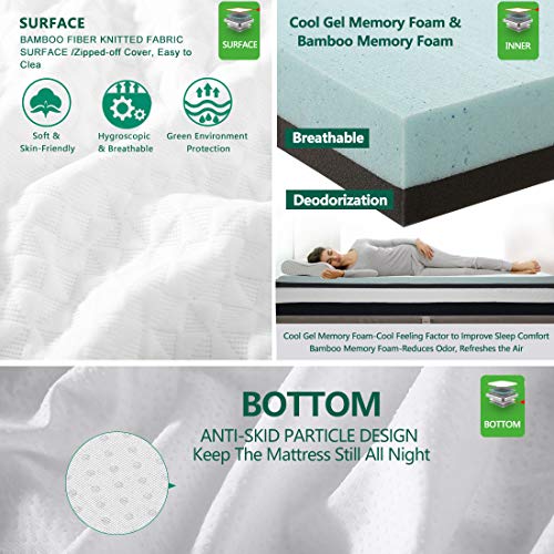TEKAMON 3 Inch Memory Foam Mattress Topper California King Size,High Density Gel-Infused Cooling Foam Mattress Topper,with Removable & Washable Bamboo Fiber Cover