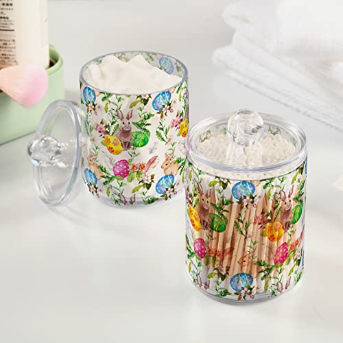 senya Clear Plastic Jars Cotton Swabs Cans, Easter Bunny Eggs in Grass Flowers Bathroom Canisters Storage Organizer with Lids 2PCs Set for Cotton Ball, Cotton Swab, flossers, Hair Bands