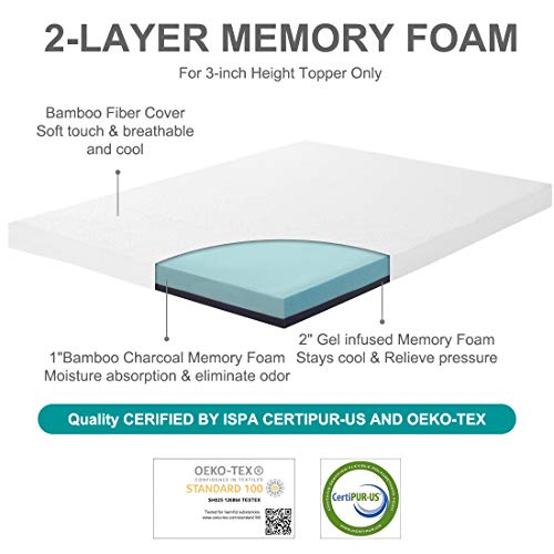 TEKAMON 3 Inch Memory Foam Mattress Topper California King Size,High Density Gel-Infused Cooling Foam Mattress Topper,with Removable & Washable Bamboo Fiber Cover