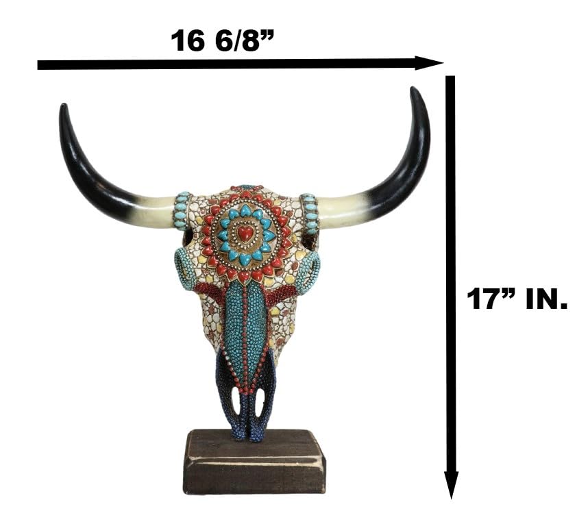 Ebros Gift 17" High Large Western Steer Bison Buffalo Bull Cow Skull Head with Mosaic Turquoise Red Yellow Blue Stones and Beads Ornate Floral Design Desktop Sculpture Native Indian Sacred Skulls