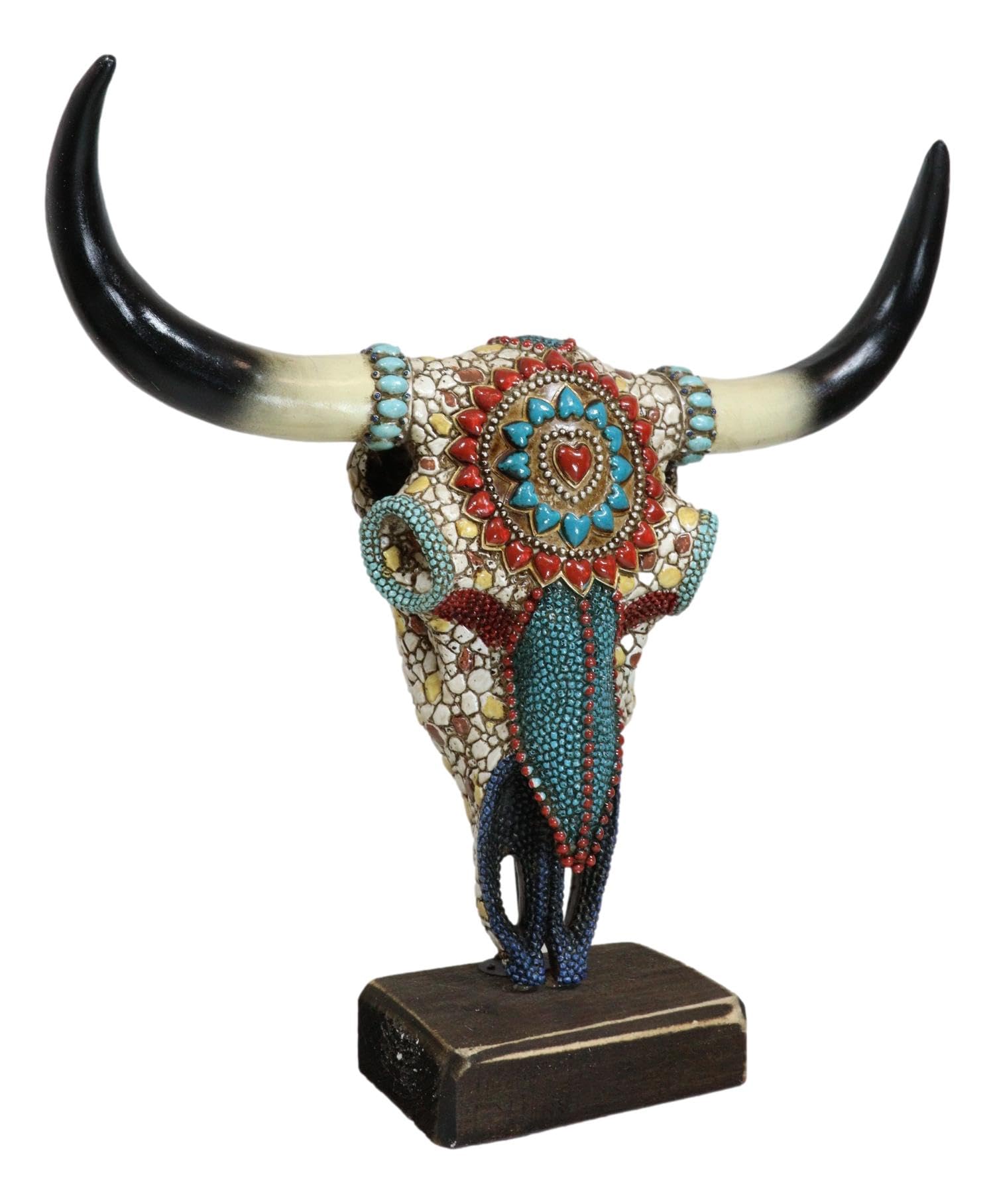 Ebros Gift 17" High Large Western Steer Bison Buffalo Bull Cow Skull Head with Mosaic Turquoise Red Yellow Blue Stones and Beads Ornate Floral Design Desktop Sculpture Native Indian Sacred Skulls