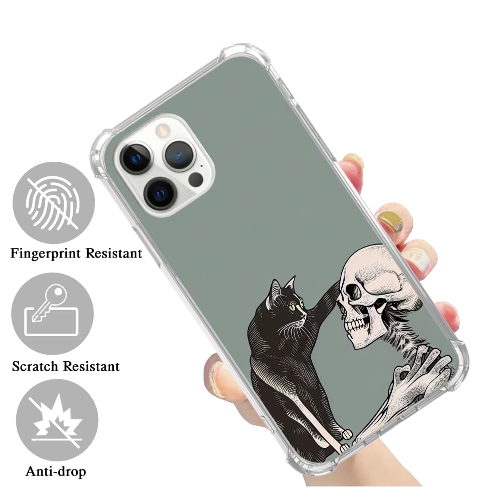 Vusbvelnot Cat and Skull Case Compatible with iPhone 13 Pro Max, Hippie Creepy Black Cat and Skeleton Case for iPhone 13 Pro Max for Teens Men and Women, Cool TPU Bumper Phone Case Cover