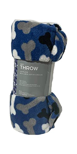 JustHome Fun Print Soft Cozy Lightweight 50 x 60 Fleece Throw Blanket (Gray or Blue with White or Blue Bones)