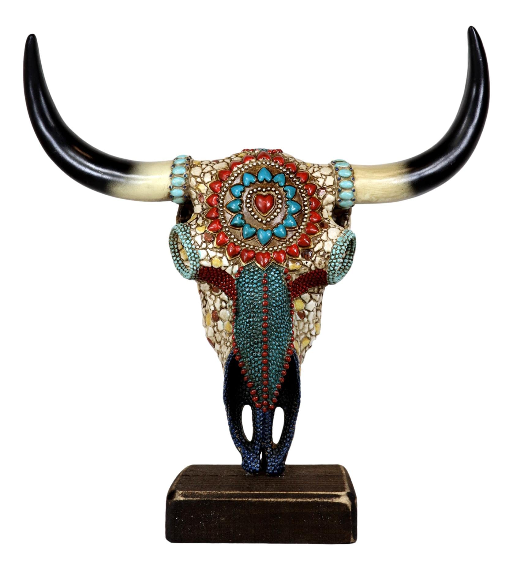 Ebros Gift 17" High Large Western Steer Bison Buffalo Bull Cow Skull Head with Mosaic Turquoise Red Yellow Blue Stones and Beads Ornate Floral Design Desktop Sculpture Native Indian Sacred Skulls