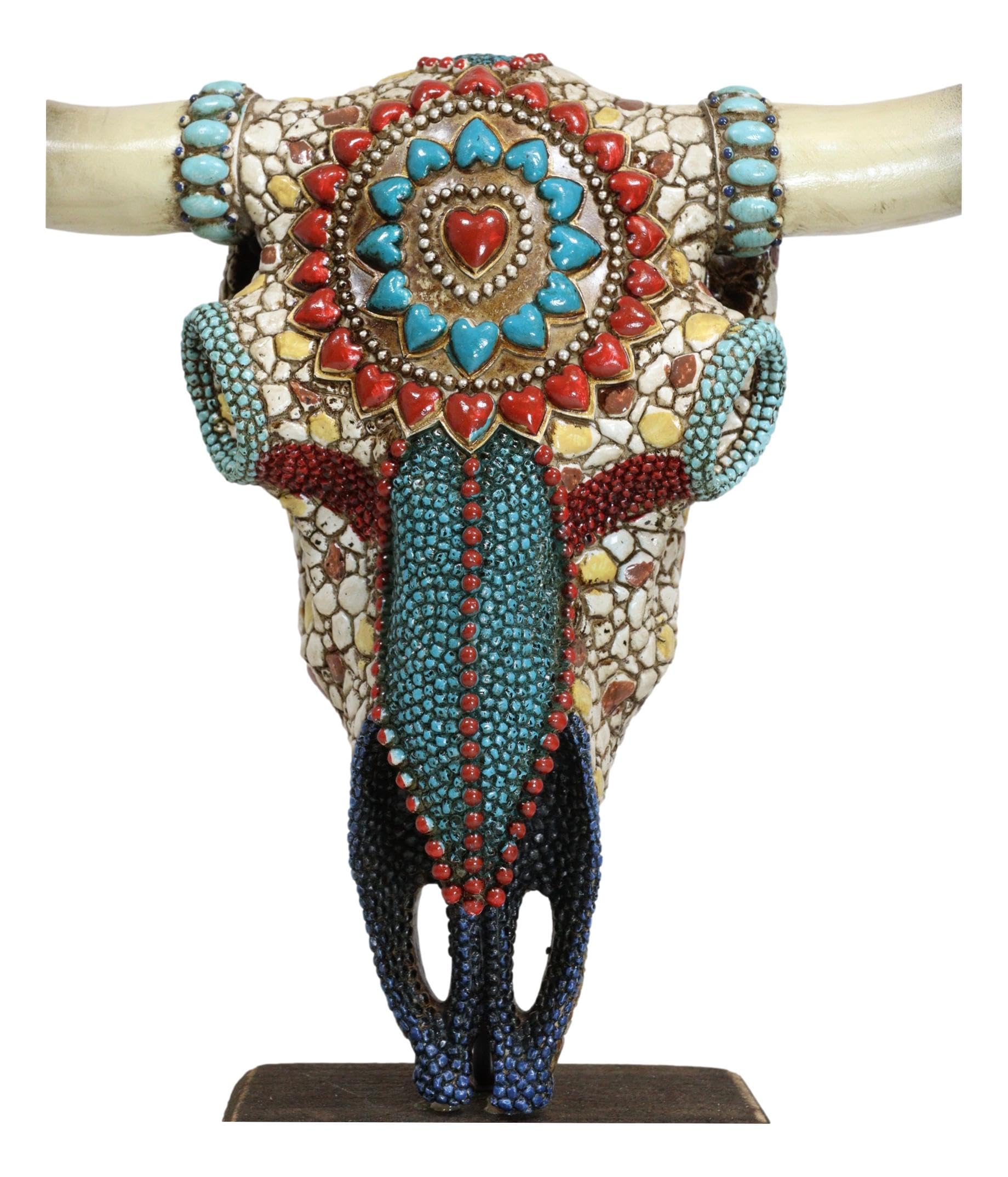Ebros Gift 17" High Large Western Steer Bison Buffalo Bull Cow Skull Head with Mosaic Turquoise Red Yellow Blue Stones and Beads Ornate Floral Design Desktop Sculpture Native Indian Sacred Skulls