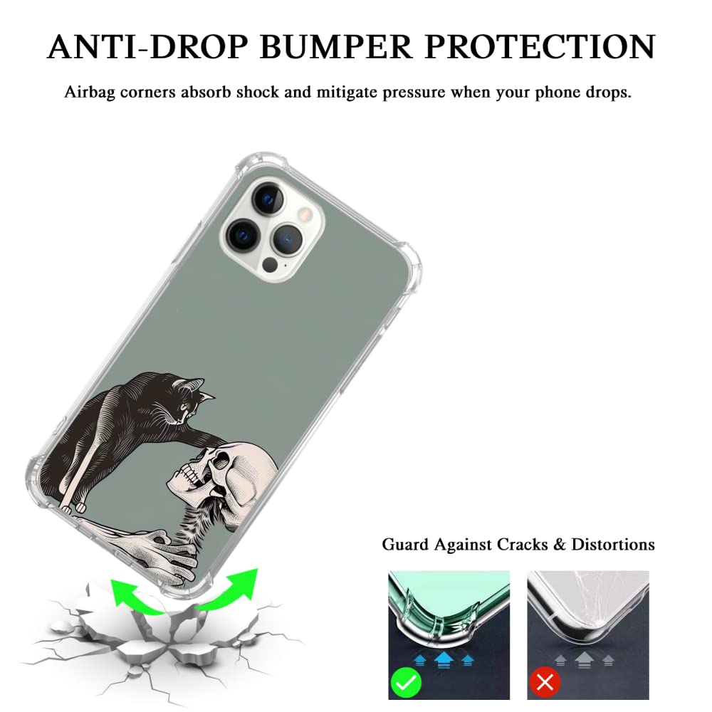 Vusbvelnot Cat and Skull Case Compatible with iPhone 13 Pro Max, Hippie Creepy Black Cat and Skeleton Case for iPhone 13 Pro Max for Teens Men and Women, Cool TPU Bumper Phone Case Cover