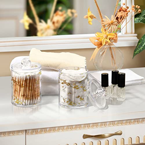 xigua Gold Marble Qtip Holder 4 Pack, 14 oz Apothecary Jars Bathroom Vanity Organizer Canister for Qtips,Cotton Swabs,Cotton Balls,Cosmetic Pads,Flossers,Bath Salts