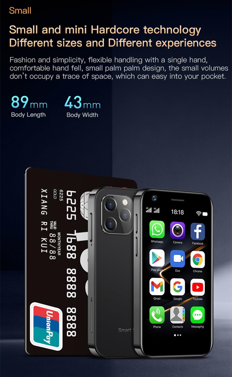 XS12 Pro Super Mini 4G LTE Smartphone 3.0-inch Display 3GB RAM 32GB/64GB ROM 8 Core Android 10.0 Dual SIM 2000mAh 13MP with Google Play Store Backup Small Mobile Phone (Black, 4GB+64GB)