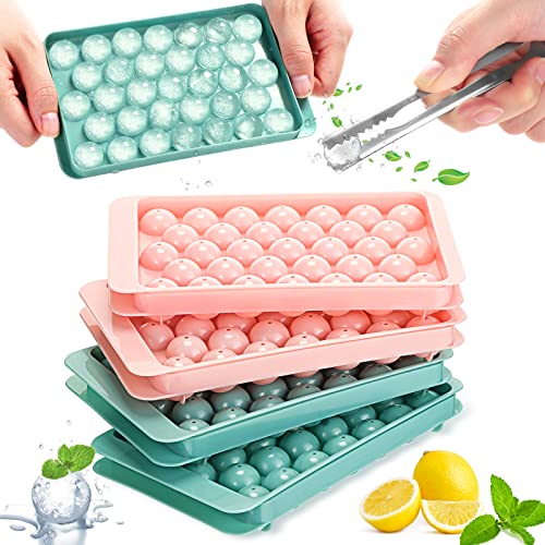 4 Pack Round Ice Cube Tray with Lid Mini Ice Ball Maker Mold Ice Cube Mold Trays Ice Trays for Freezer Sphere Ice Cube Tray Ice Ball Tray Making 132 Pcs Sphere and Ice Tong (6.69 x 3.94 x 0.79 Inch)