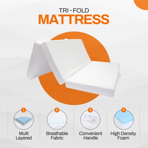 Cheer Collection Tri-Fold Memory Foam Mattress - 4" Thick Gel Infused Foam Folding Bed for Guests, Small Size (75" x 25")