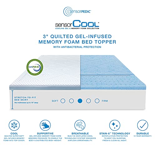 SensorPEDIC SensorCOOL 3-Inch Quilted Gel-Infused Memory Foam Bed Topper, California King, White