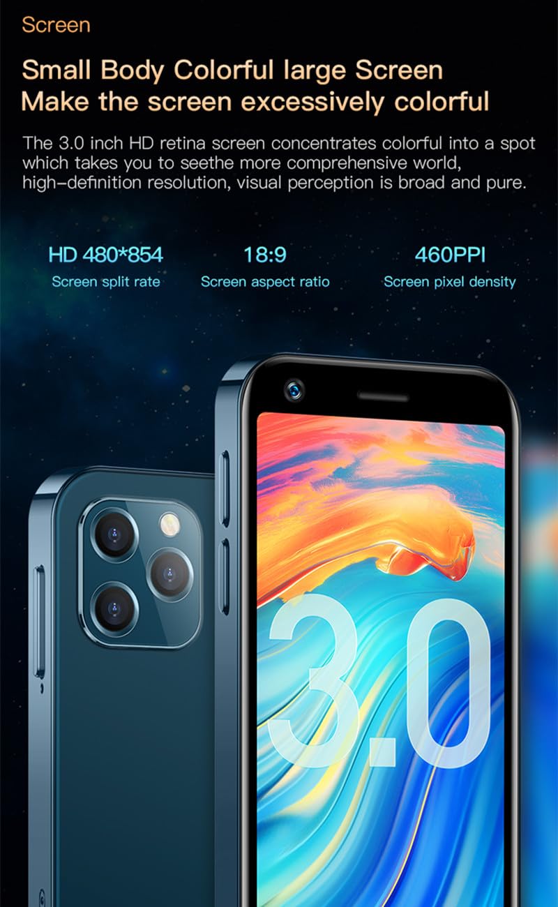 XS12 Pro Super Mini 4G LTE Smartphone 3.0-inch Display 3GB RAM 32GB/64GB ROM 8 Core Android 10.0 Dual SIM 2000mAh 13MP with Google Play Store Backup Small Mobile Phone (Black, 4GB+64GB)