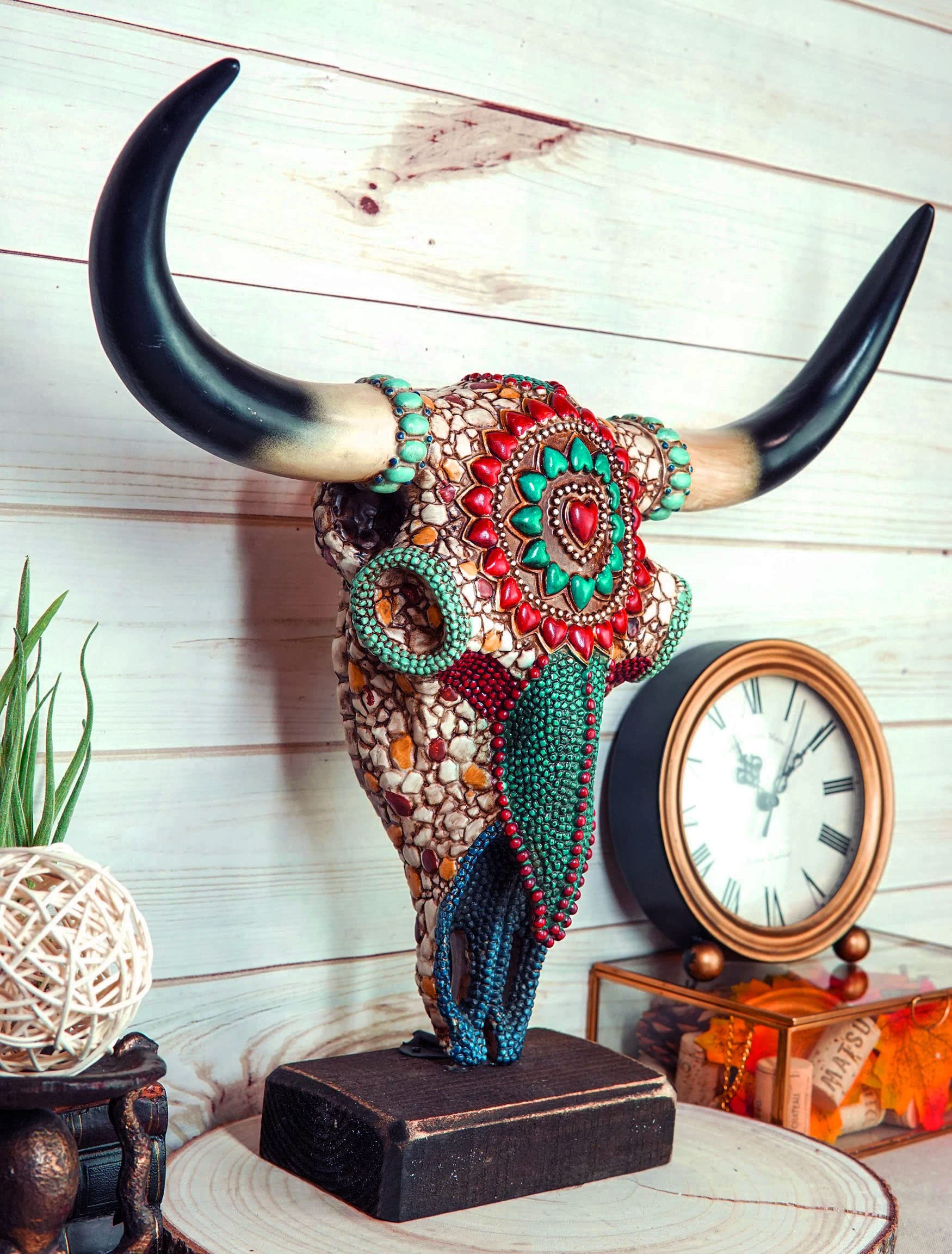 Ebros Gift 17" High Large Western Steer Bison Buffalo Bull Cow Skull Head with Mosaic Turquoise Red Yellow Blue Stones and Beads Ornate Floral Design Desktop Sculpture Native Indian Sacred Skulls