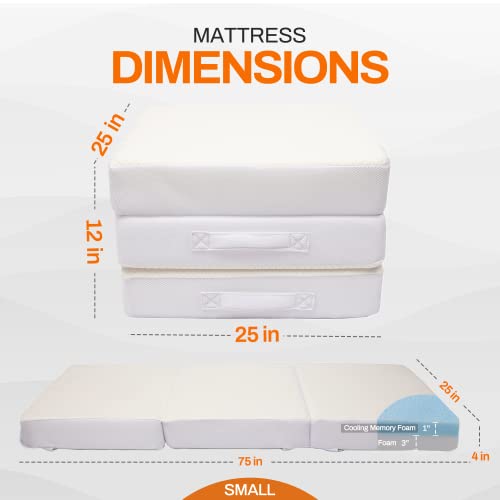 Cheer Collection Tri-Fold Memory Foam Mattress - 4" Thick Gel Infused Foam Folding Bed for Guests, Small Size (75" x 25")